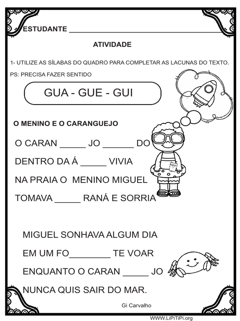 Atividade Sílabas Complexas Gua GUE GUI 1º Ano | PDF