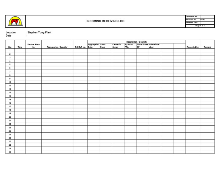 PYC - Incoming Receiving Log - Draft | PDF