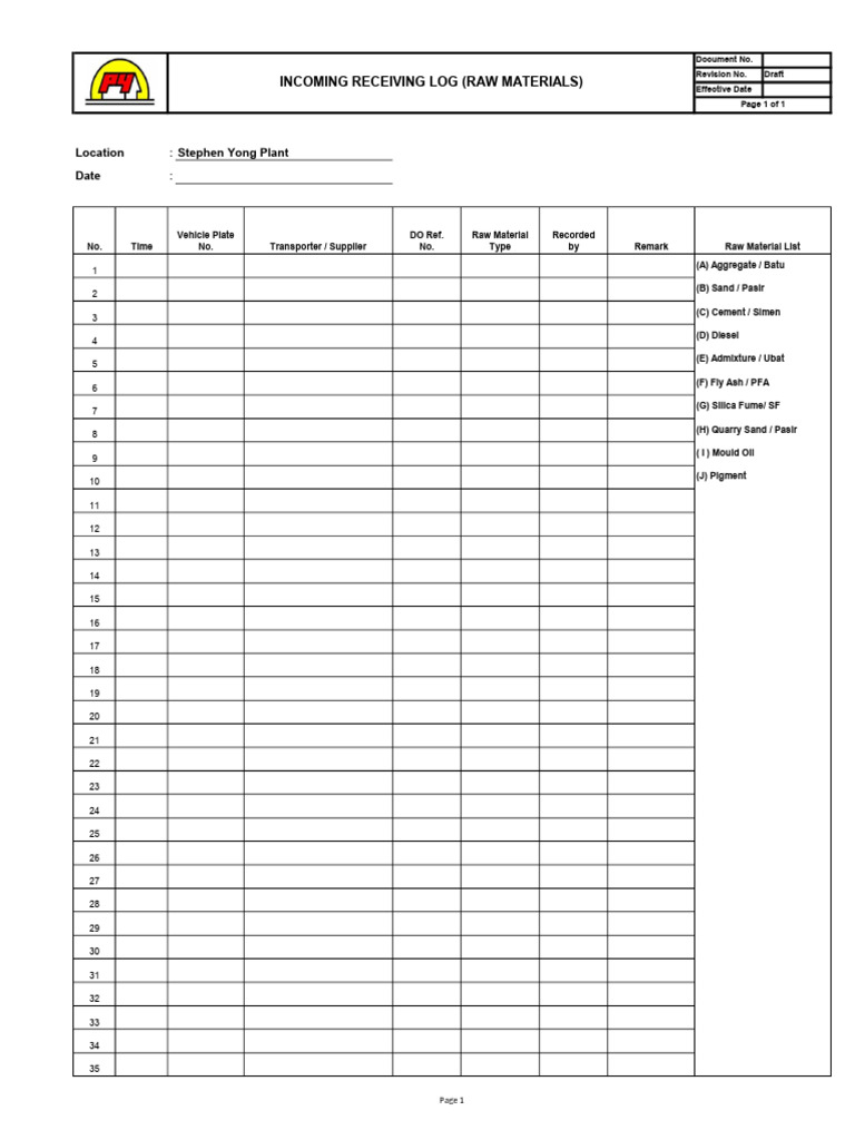 PYC - Incoming Receiving Log - Draft-V1 | PDF
