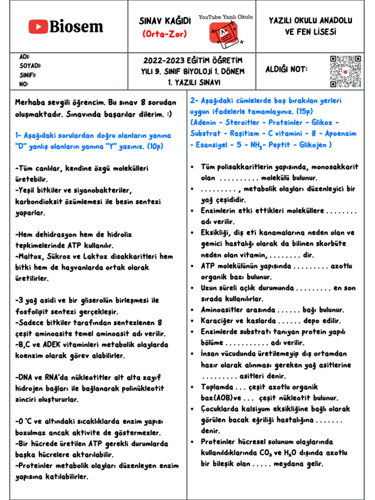 Biosem 9. Sınıf 1. Dönem 1. Yazılı Orta Zor PDFF | PDF