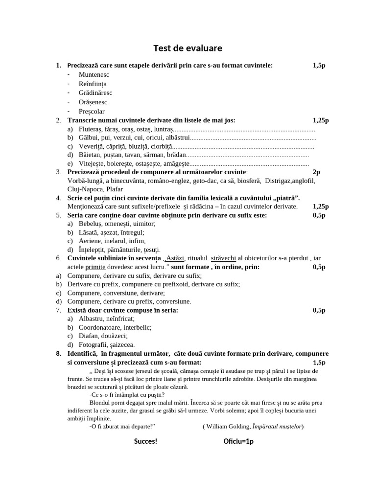 Test Derivare Compunere Conversiune Cls A Viiia | PDF