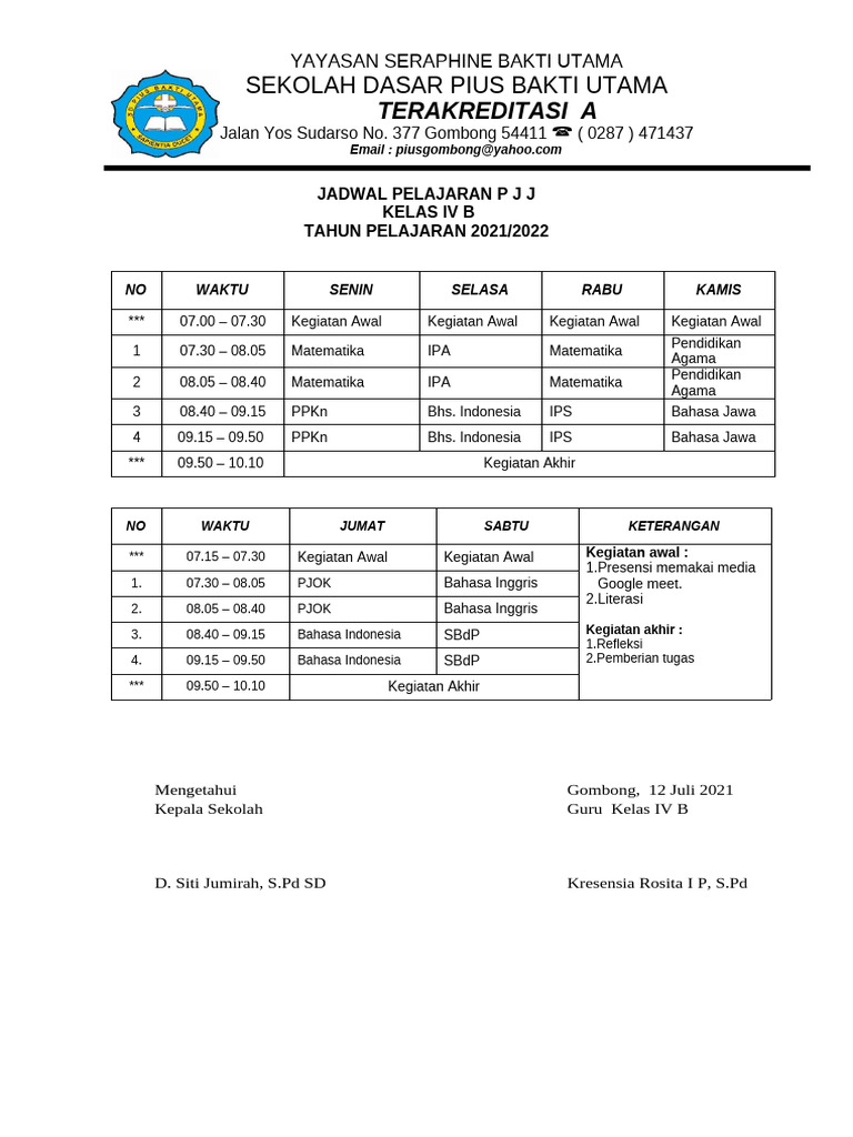 Jadwal Pelajaran Kelas 4b Pdf