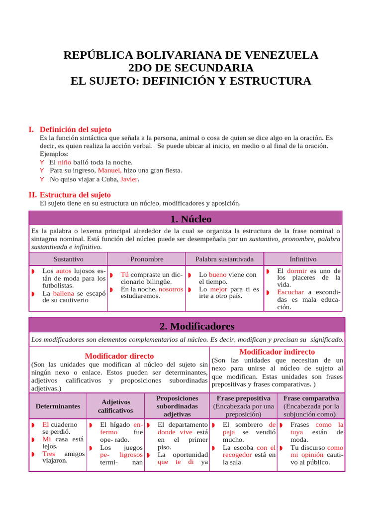 Definición y Estructura Del Sujeto para Segundo Grado de Secundaria | PDF