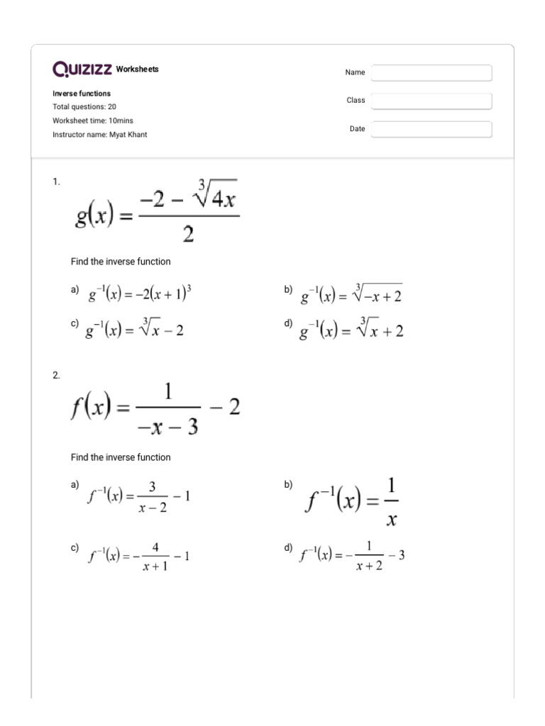 Inverse Functions - Quizizz | PDF
