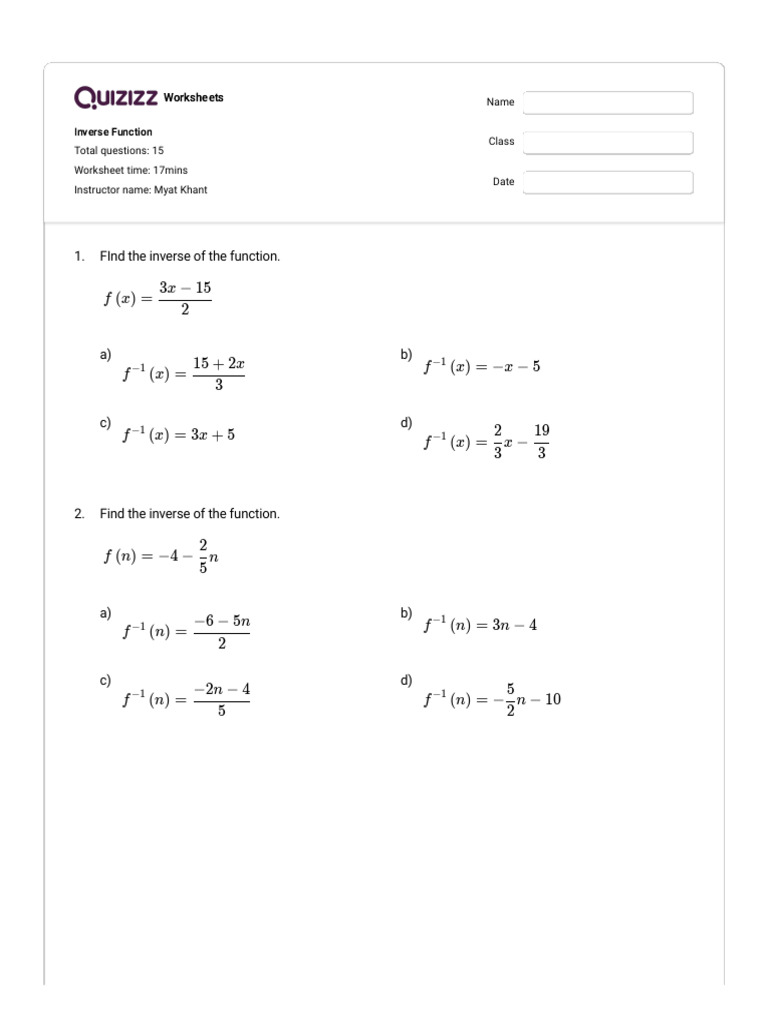 Inverse Function - Quizizz | PDF