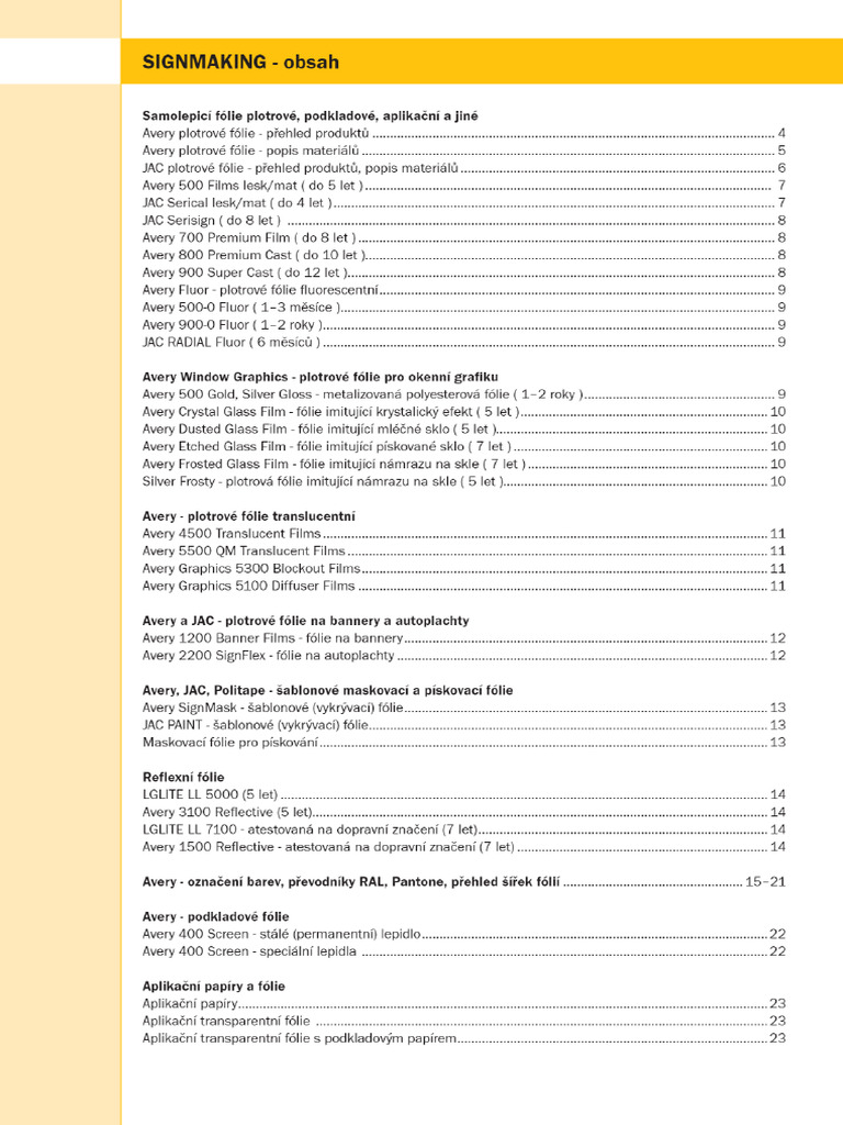 SIGNMAKING - Obsah. Avery - Označení Barev, Převodníky RAL, Pantone, Přehled Šířek Fólií - PDF ...