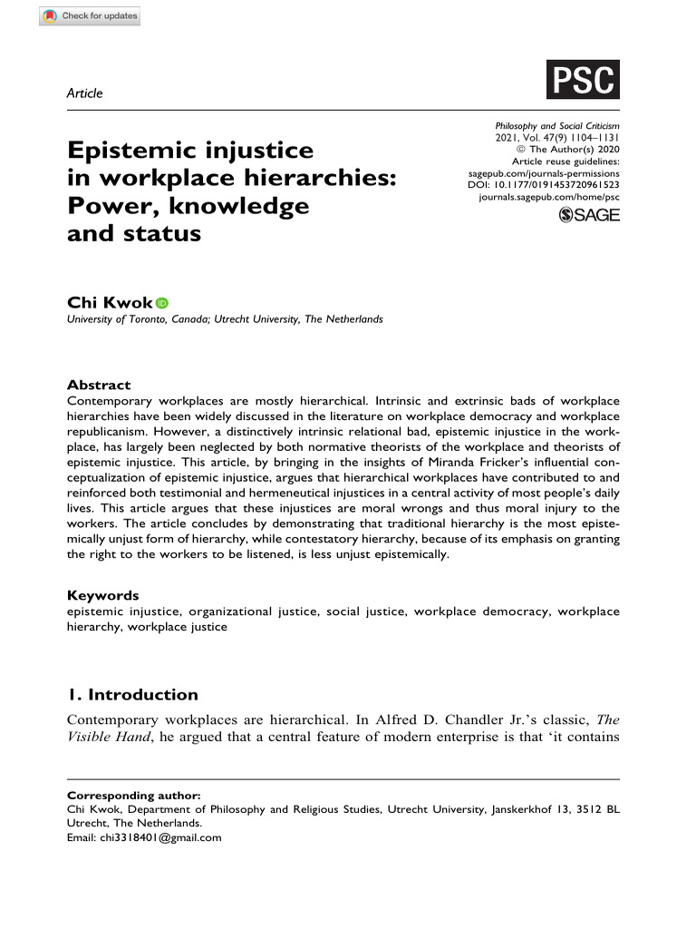 Kwok 2020 Epistemic Injustice in Workplace Hierarchies Power Knowledge ...