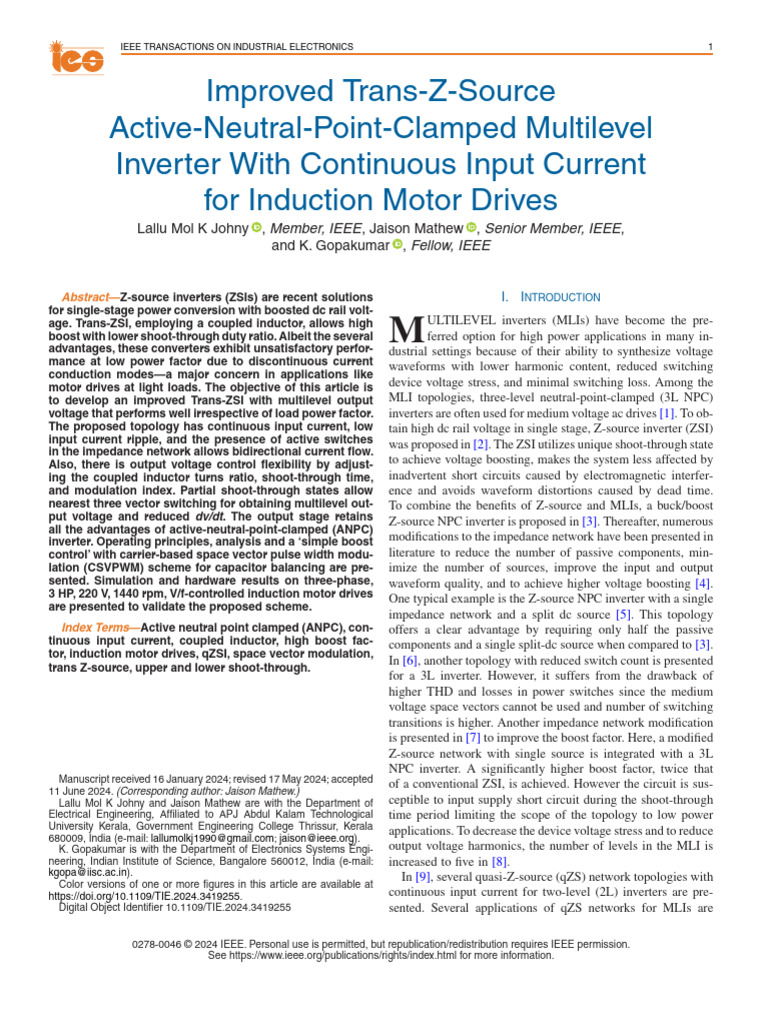 Improved Trans-Z-Source Active-Neutral-Point-Clamped Multilevel Inverter With Continuous Input ...