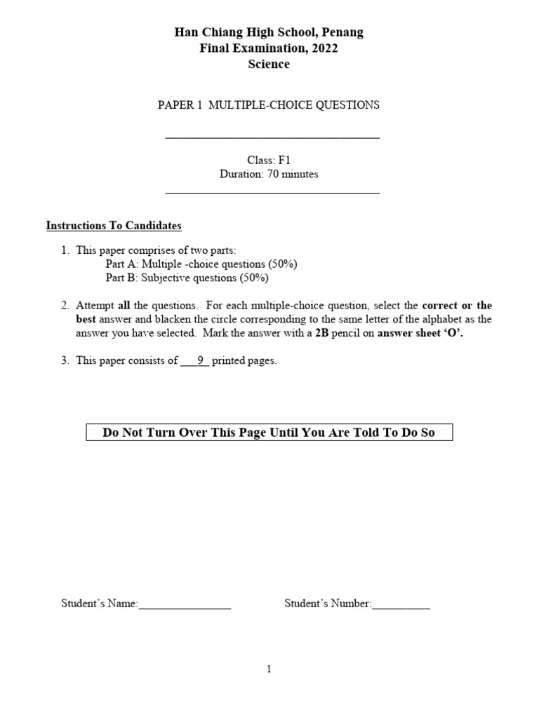 F1 - Science - Final Year - Exam - 2022 - P1 - Q | PDF