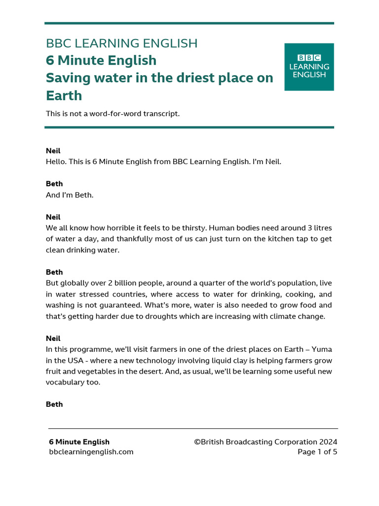 6 Minute English Saving Water in The Driest Place On Earth | PDF