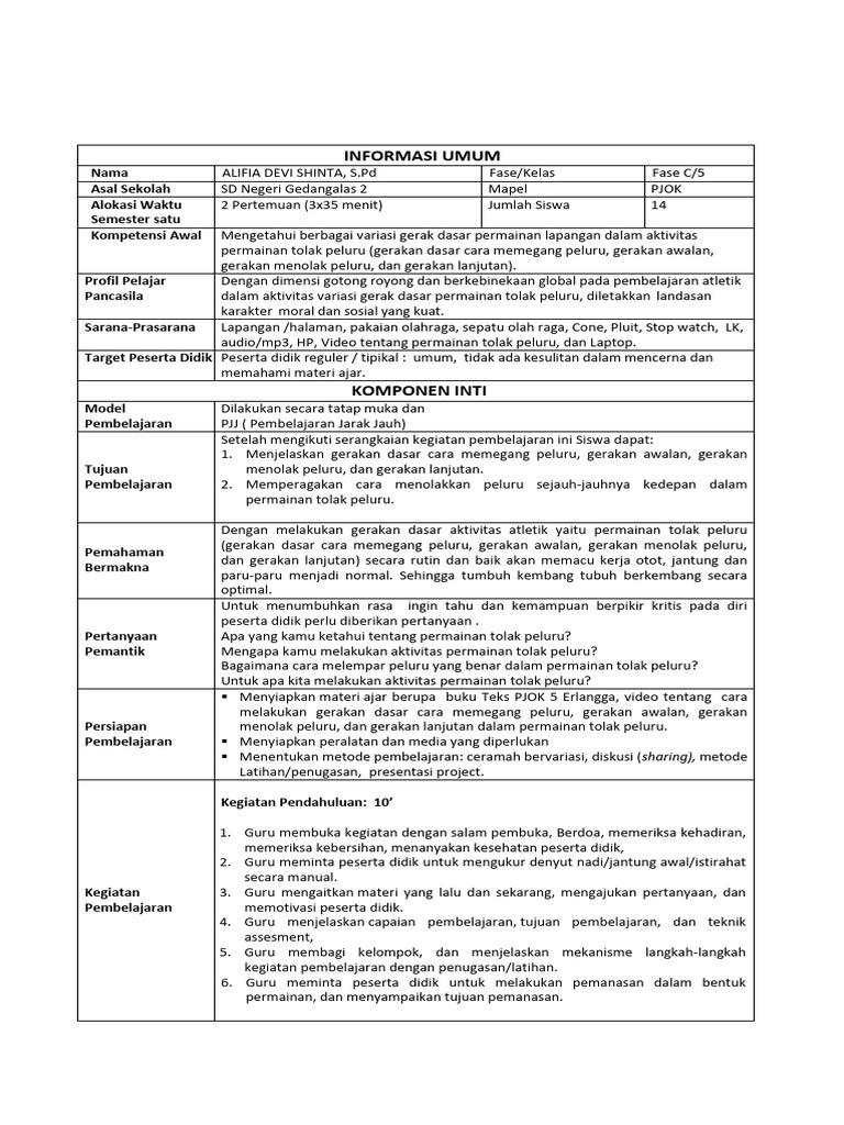 Modul Ajar Pjok 5 Bab 5.4 (Tolak Peluru) | PDF