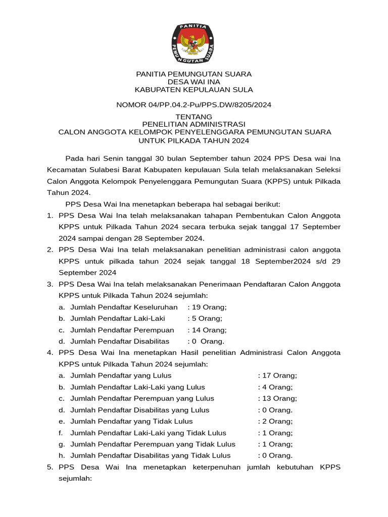 0 Berita Acara PPS Penetapan Hasil Seleksi KPPS | PDF