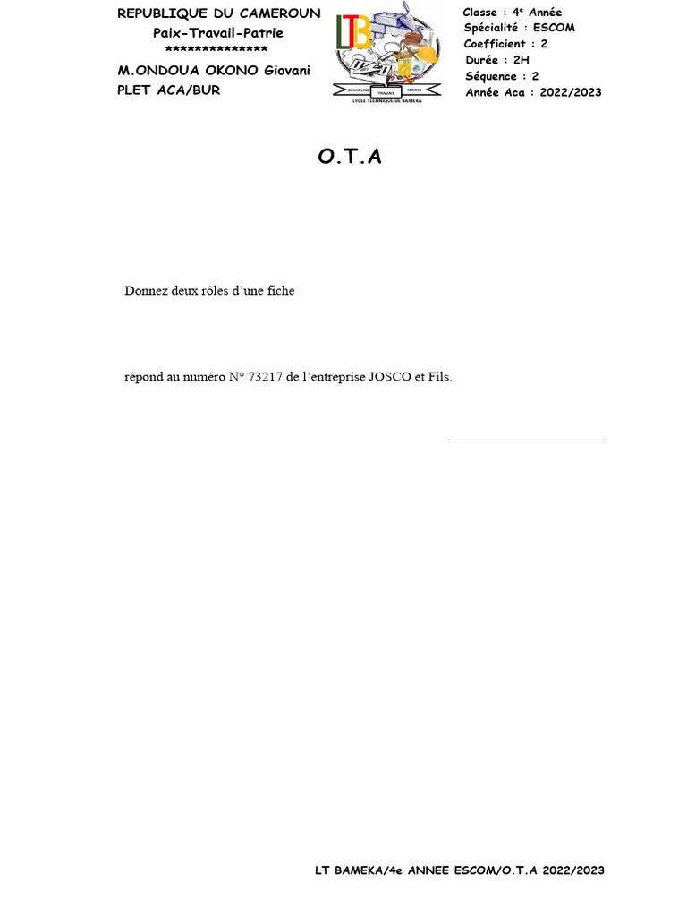EVALUATION 4e A ESCOM OTA SEQ 2 | PDF
