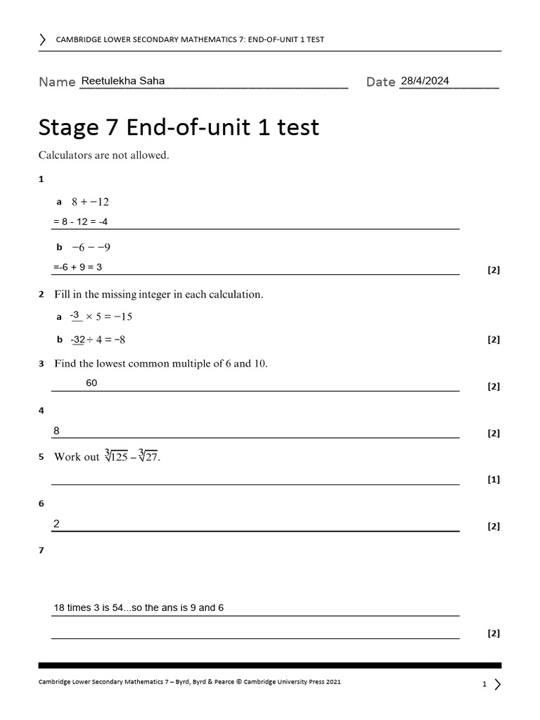 Integers End-of-Unit-1-Test | PDF