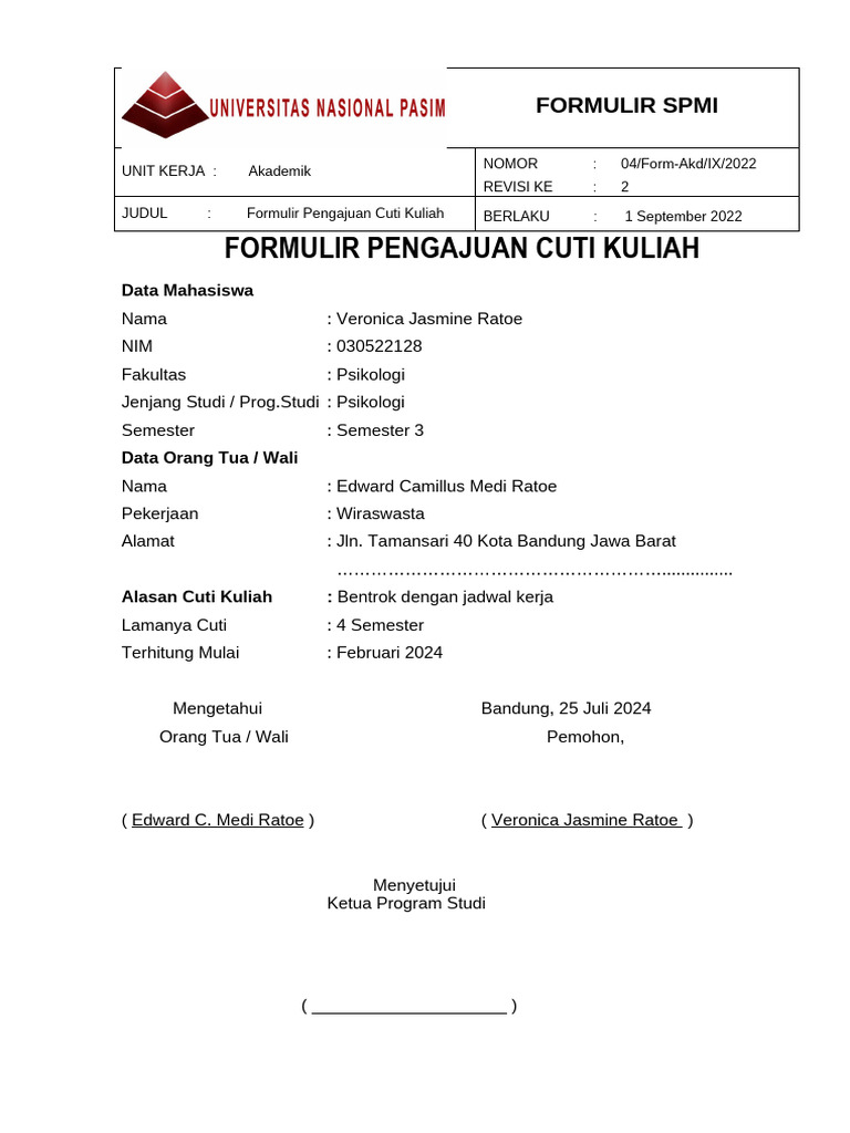 Veronica Jasmine Ratoe Pengajuan Cuti | PDF