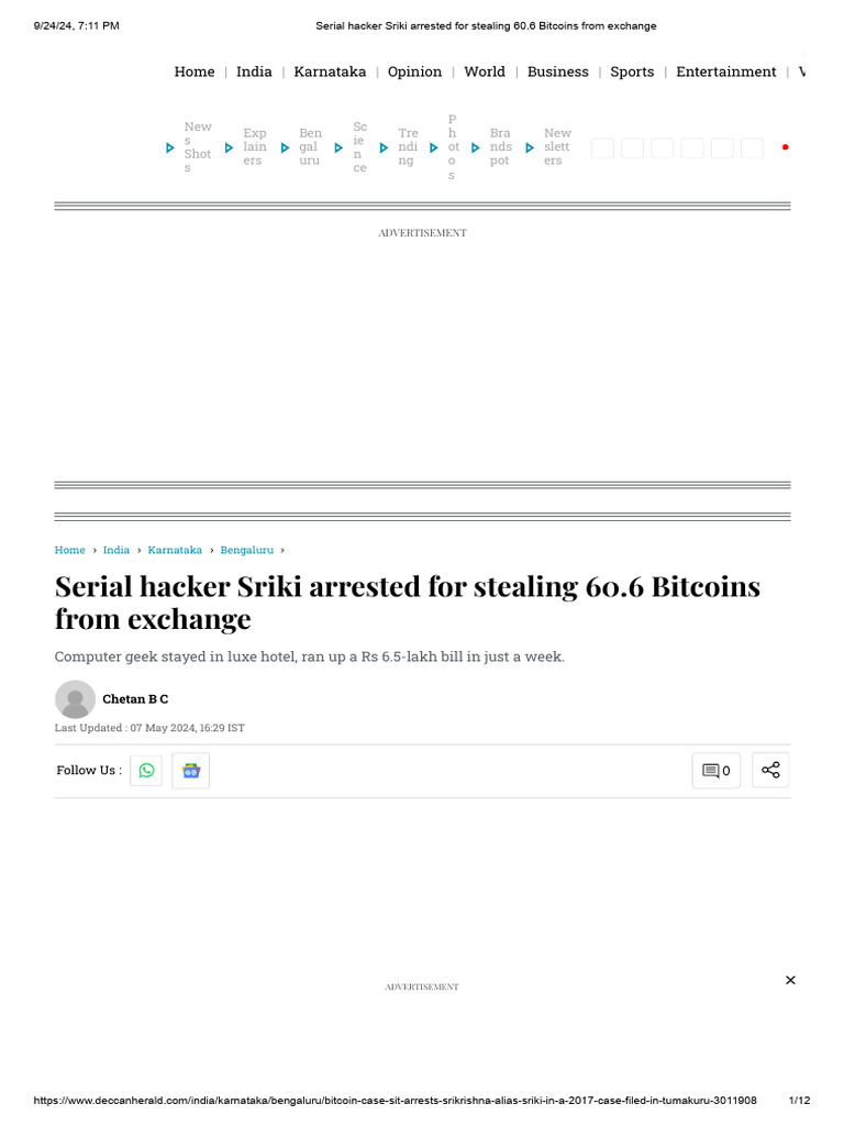Serial Hacker Sriki Arrested For Stealing 60.6 Bitcoins From Exchange | PDF