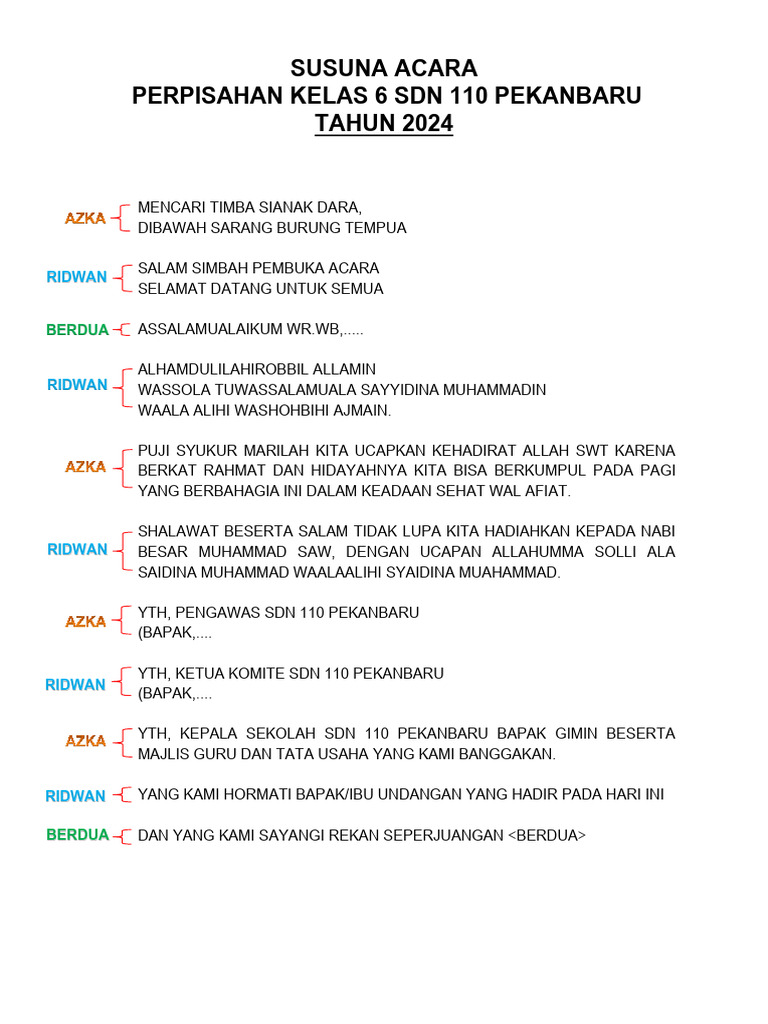 Susunan Acara Perpisahan KLS 6 SDN 110 Pekanbaru Tahun 2024 | PDF