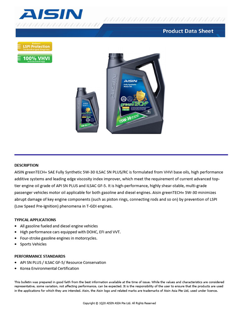 AISIN greenTECH FULLY SYNTHETIC MOTOR OIL SN-PLUS 5W-30 PDS | PDF