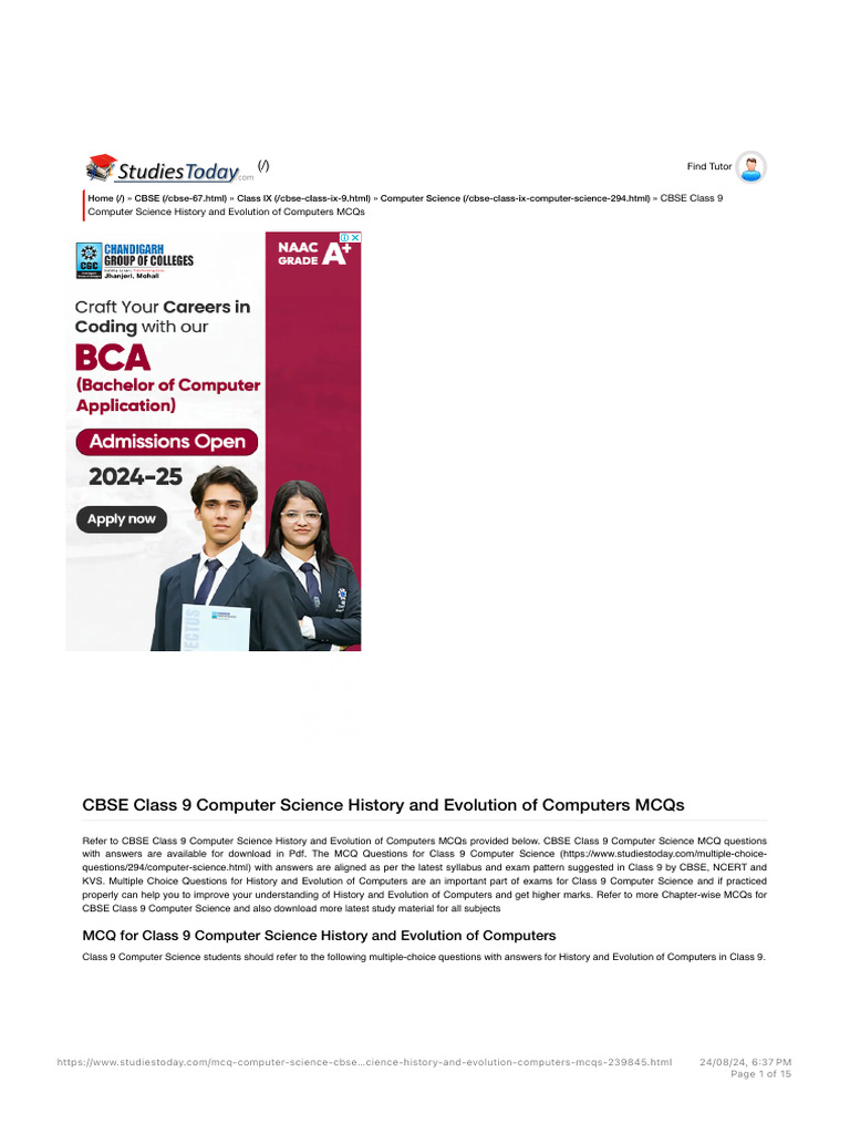 CBSE Class 9 Computer Science History and Evolution of Computers MCQS ...