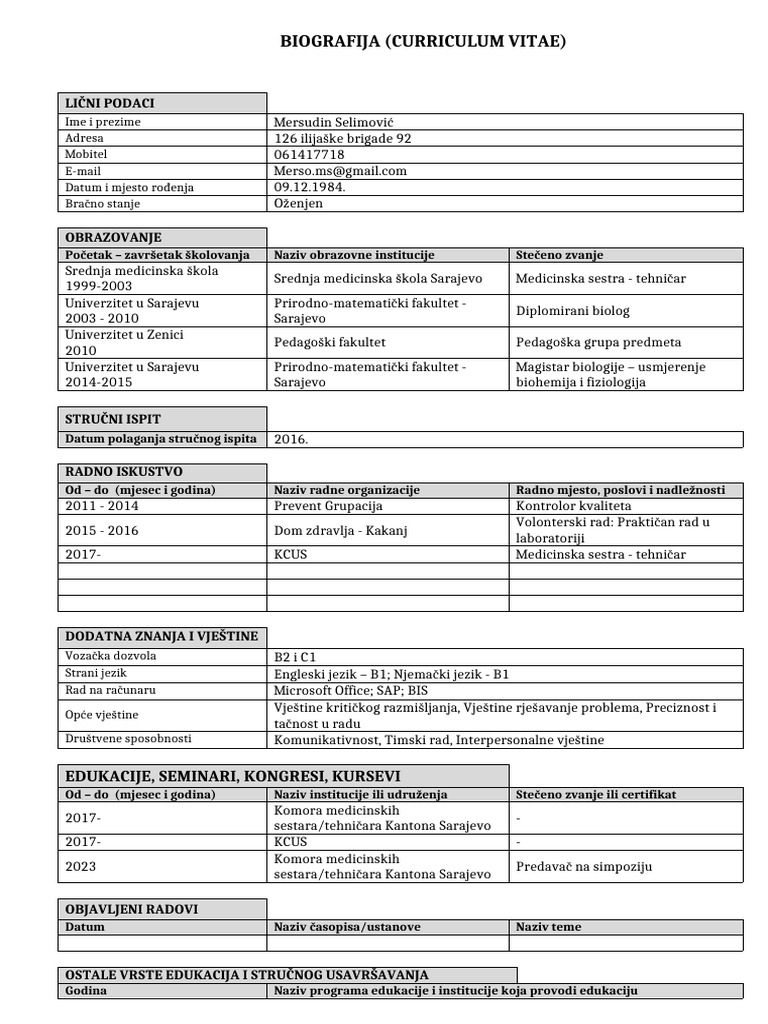 Obrazac - CV KCUS | PDF