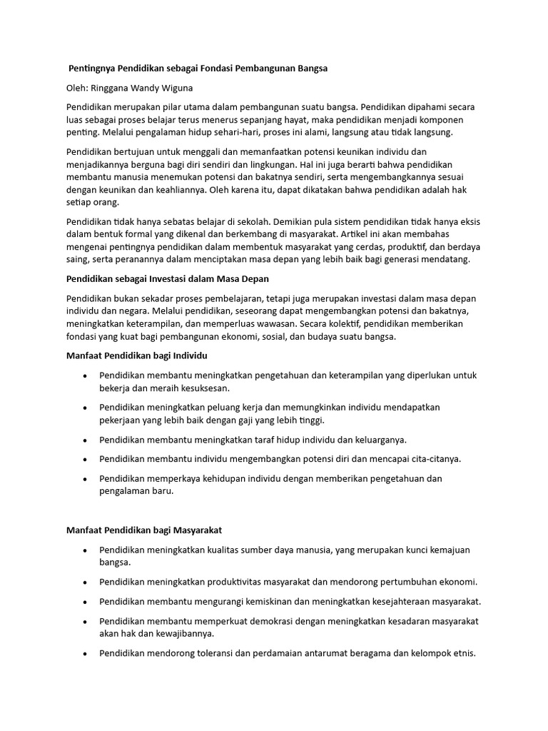 Pentingnya Pendidikan Sebagai Fondasi Pembangunan Bangsa | PDF