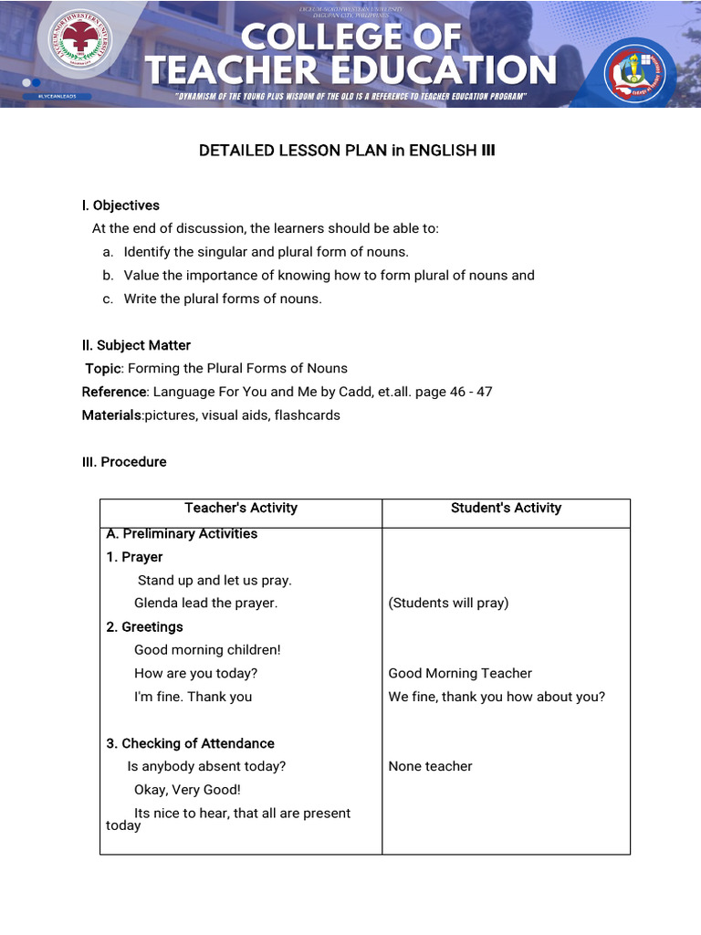 Detailed Lesson Plan in English | PDF | Plural | Grammatical Number