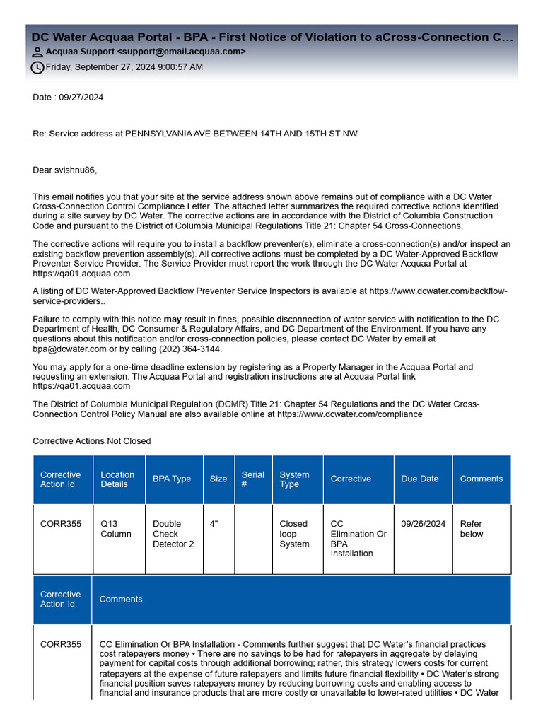 DC Water Acquaa Portal - BPA - First Notice of Violation To aCross ...