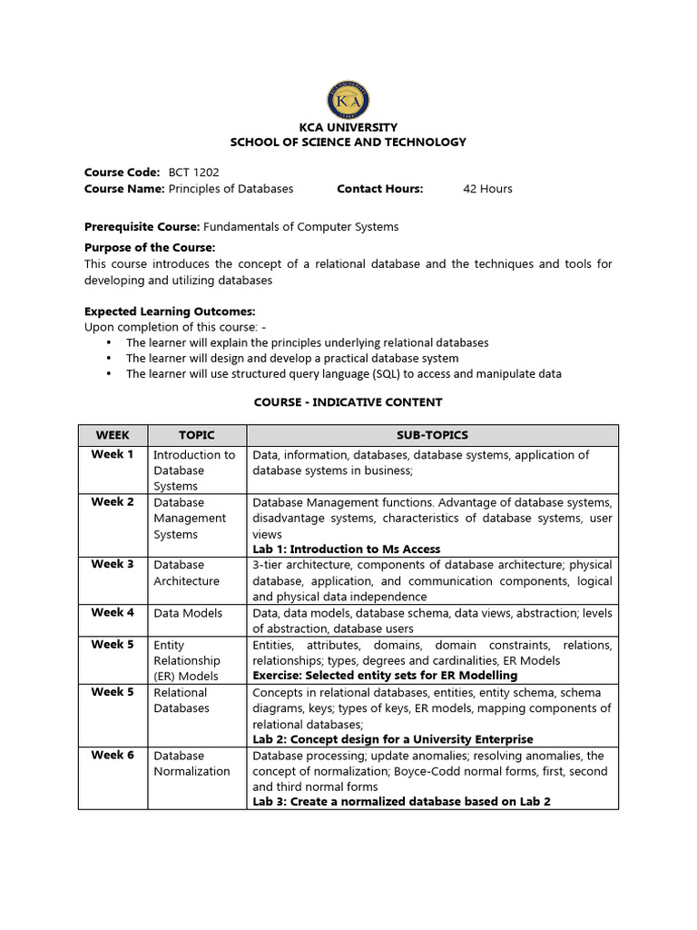 0 BCT 1202 Principles of Databases Course Outline | PDF