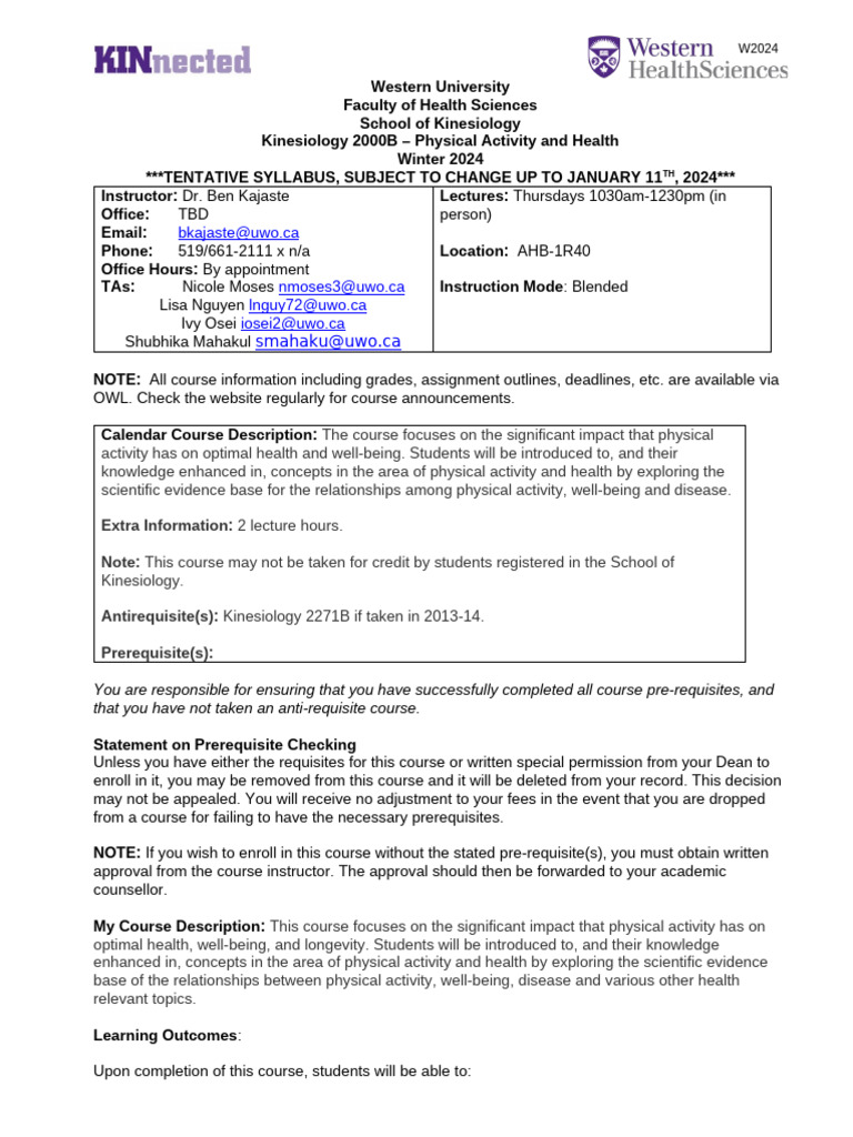 Kin 2000B Syllabus Winter 2024 Phys. Act. - Health - Kajaste - TENTATIVE | PDF