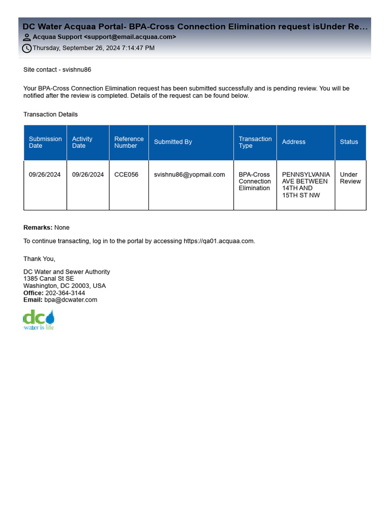 DC Water Acquaa Portal - BPA-Cross Connection Elimination Request ...