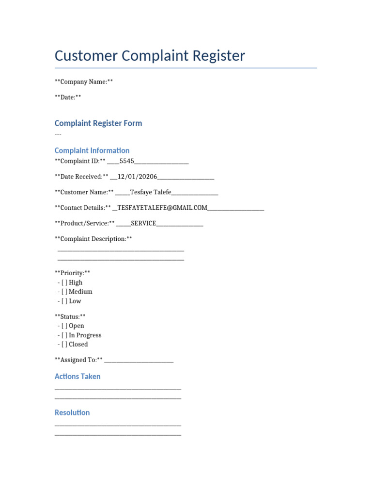 Customer Complaint Register Alternative | PDF