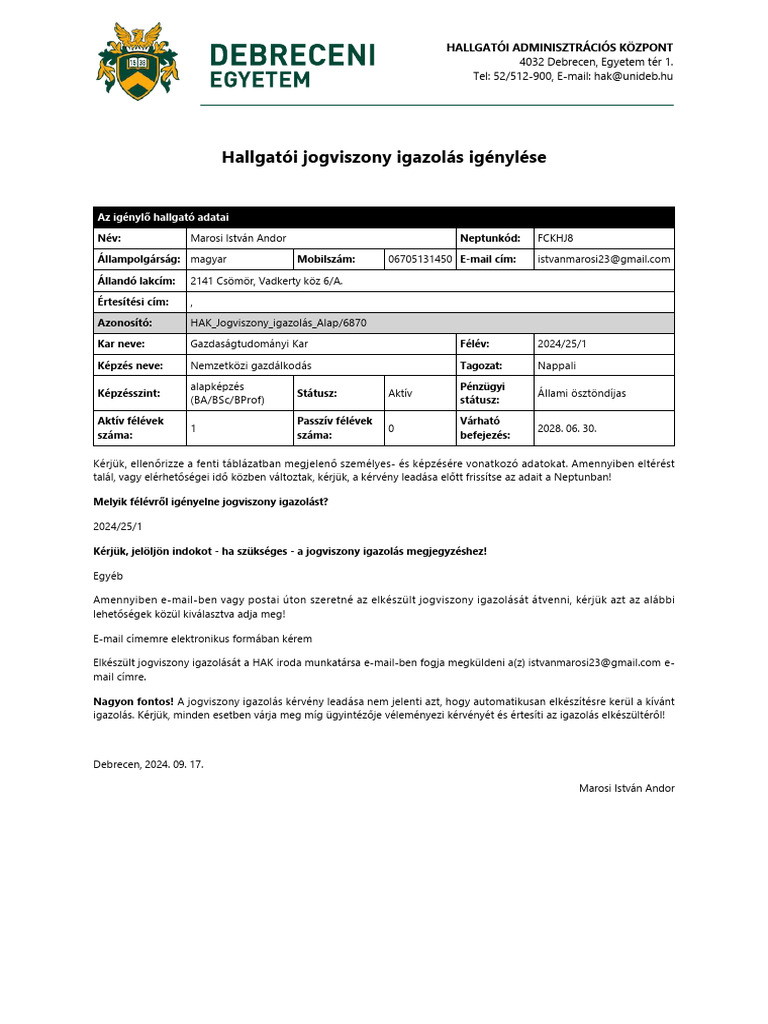 Marosi István Andor (FCKHJ8) Kérvényazonosító-2137454599 Kérvény ...
