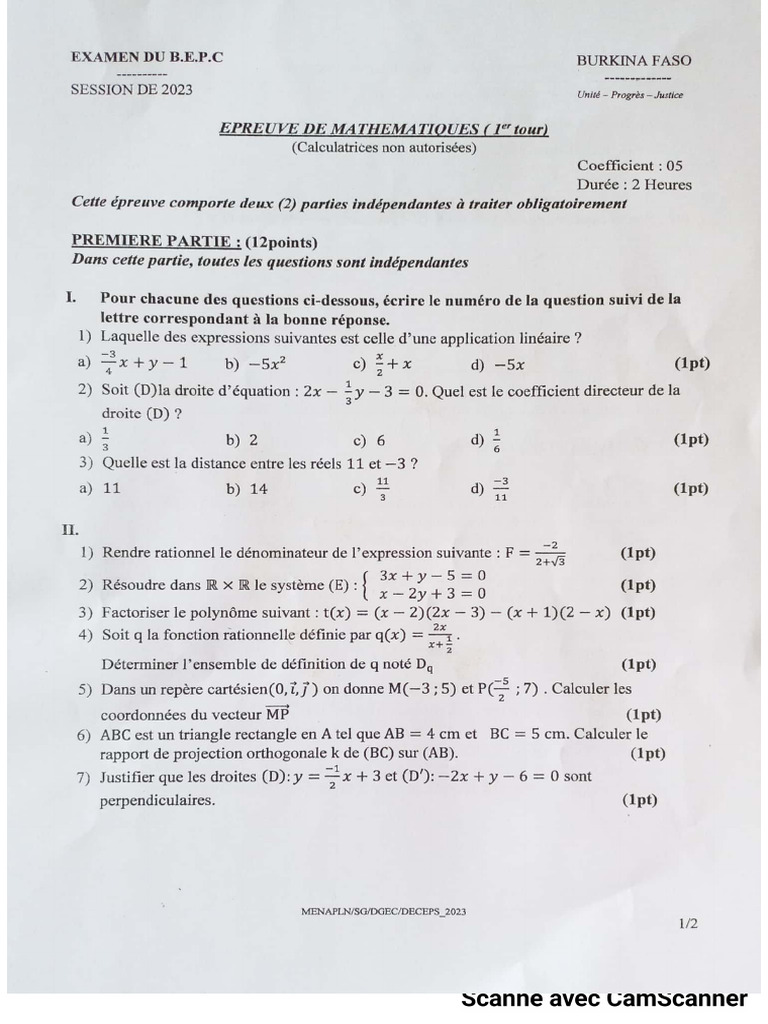 Bepc 2023 Maths | PDF