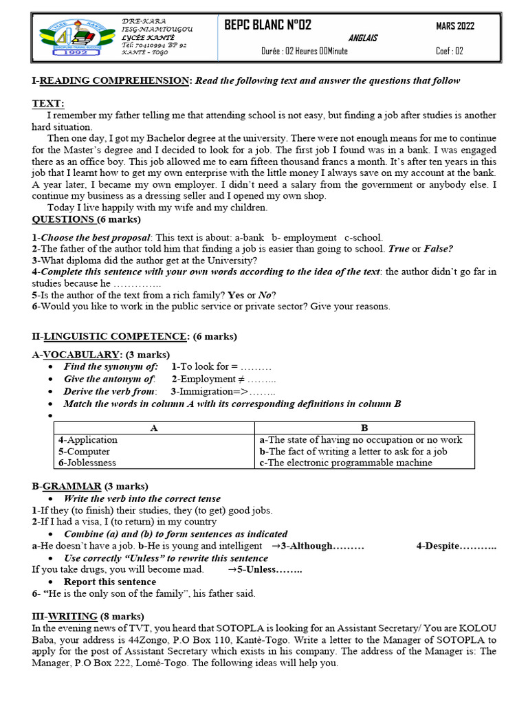 Bepc Blanc PCT + Corrigé Zone Agoè Est - 23-03-2022 - 14-09 | PDF