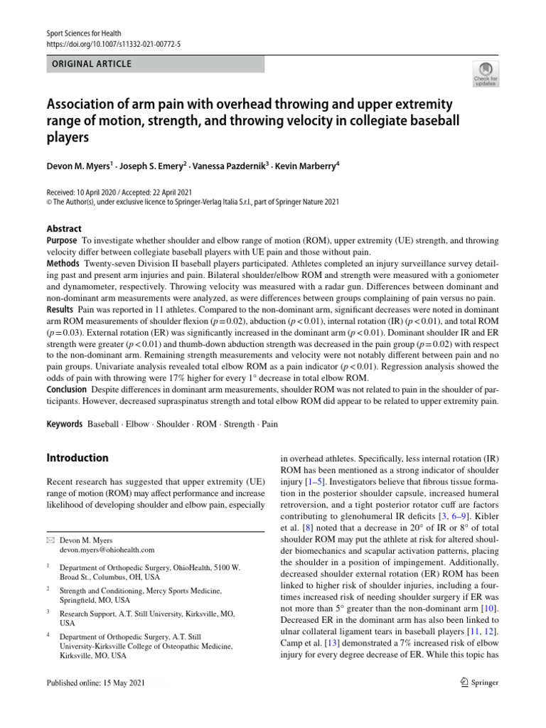 Association of Arm Pain With Overhead Throwing and Upper Extremity Rom ...