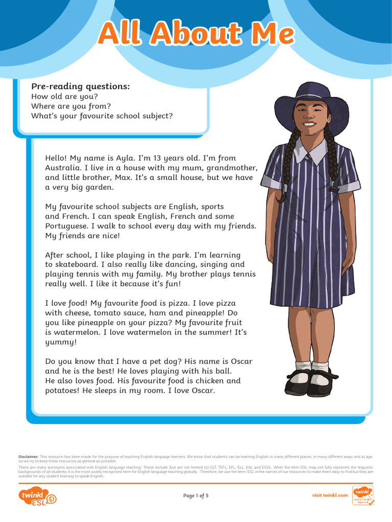 All About Me Reading Comprehension | PDF