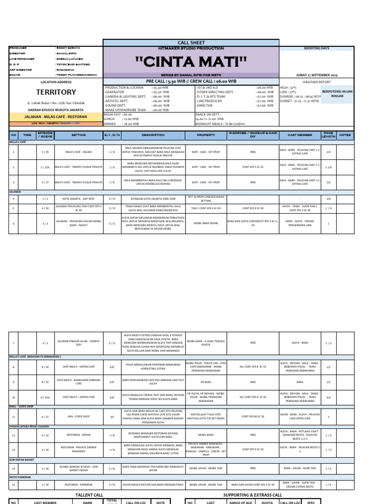 Day 40 - Call Sheet Cinta Mati (Jum'at 27 September 2024) | PDF