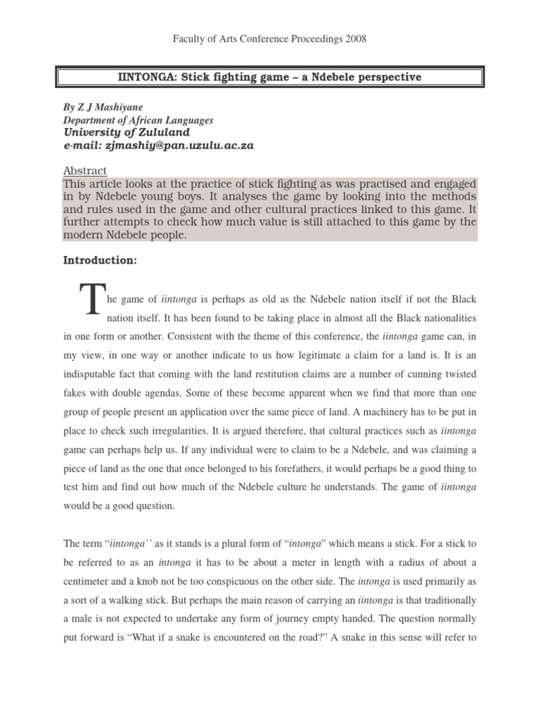 IINTONGA - Stick Fighting Game Â " A Ndebele Perspective (PDFDrive) | PDF