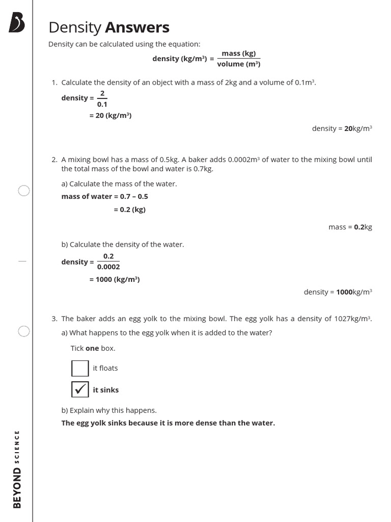 Density Worksheet LA ANSWERS | PDF | Density | Home & Garden