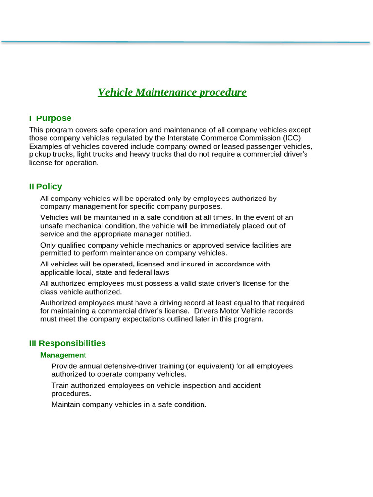 Vehicle Maintenance Procedure | PDF