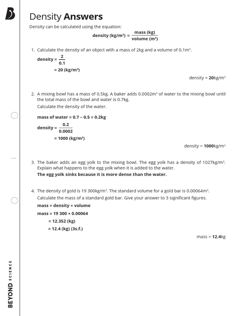 Density Worksheet HA ANSWERS | PDF | Density | Volume