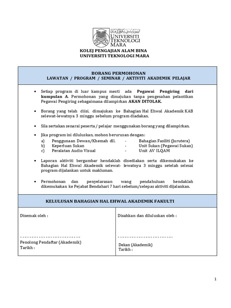Borang Lawatan Akademik Pelajar - KAB | PDF