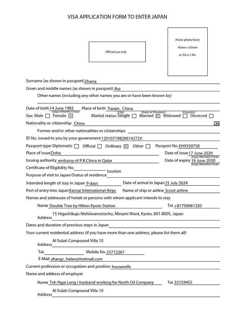 Visa Application Form To Enter Japan: Single | PDF