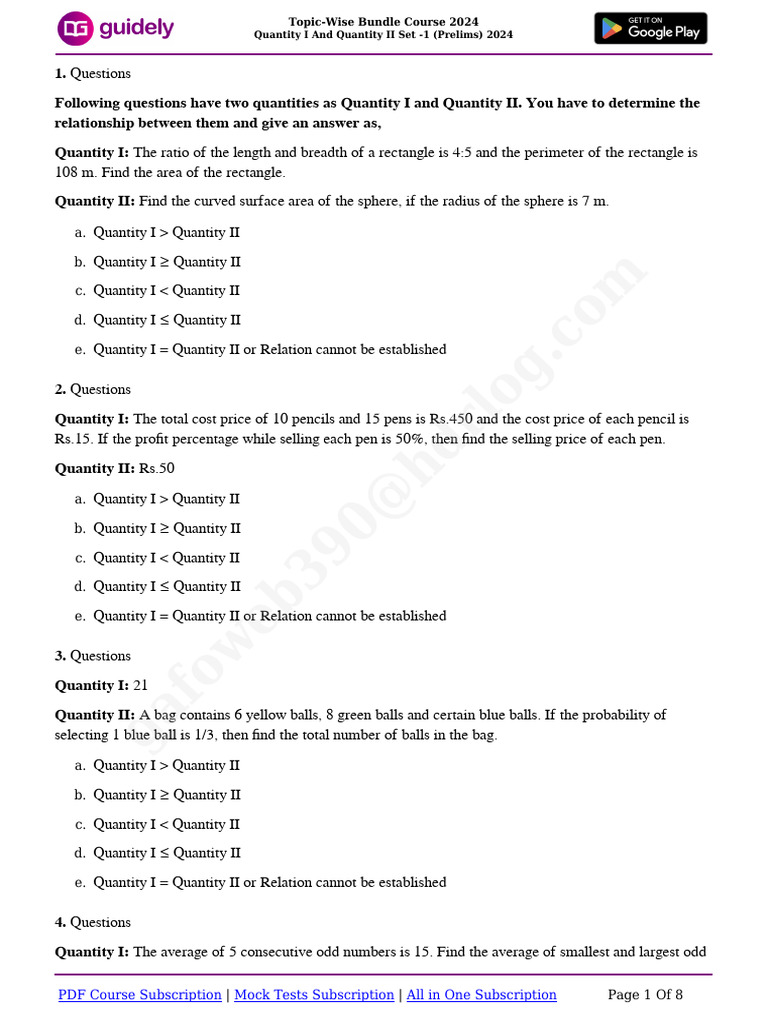 Quantity I and Quantity II Set - 1 (Prelims) 2024 | PDF | Area | Teaching Methods & Materials