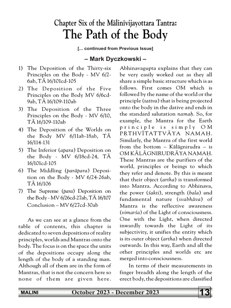 Chapter Six of The Malinivijayottara Tantra The Path of The Body (Mark ...