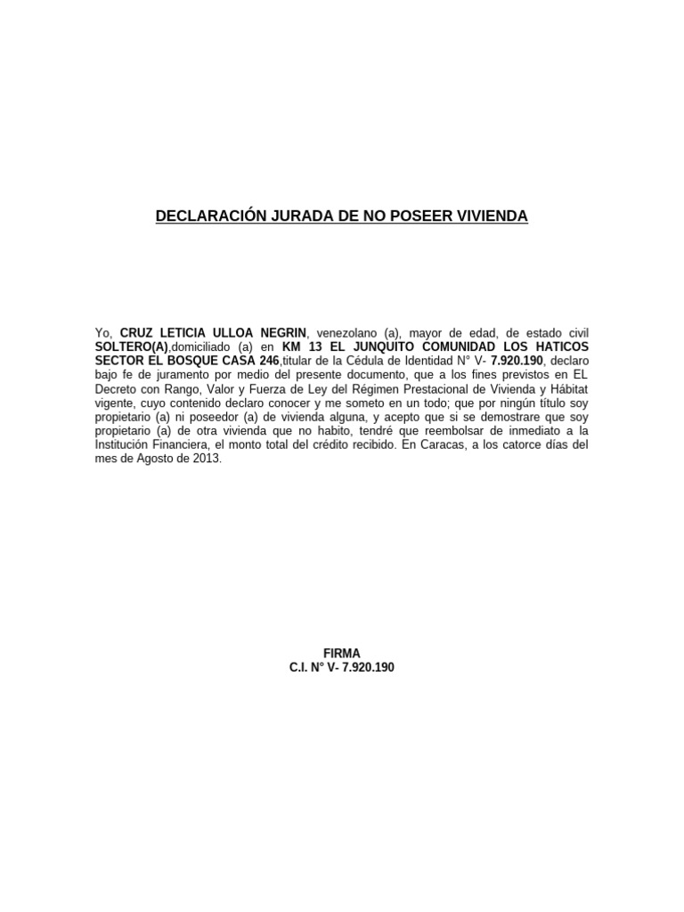 Declaración Jurada de No Poseer Vivienda | PDF