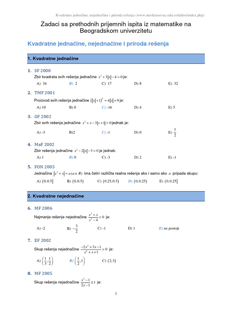 Prijemni Kvadratne Jednacine | PDF