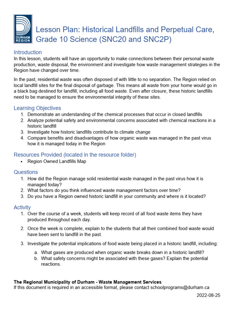 Landfills Lesson Plan Grade 10 SNC2D and SNC2P Science | PDF