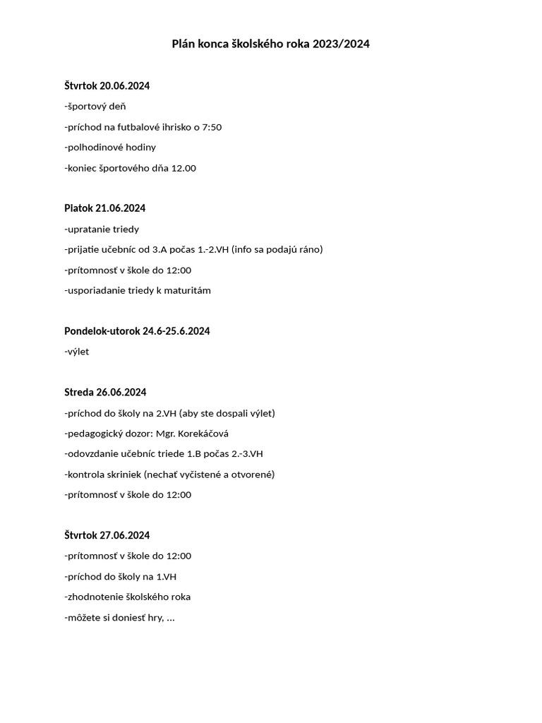 PlÃ¡n Konca Å¡kolskÃ©ho Roka 2023 | PDF