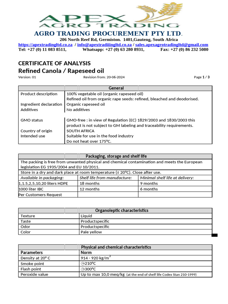 APEX AGRO COA Canola Rapeseed Oil Eng | PDF